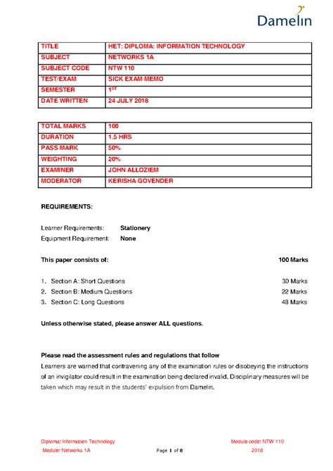 Networks 1a Supp Exam Memo Diploma Information Technology Module