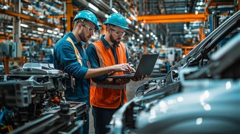 Automotive Assembly Line Workers Using Laptop In Factory Premium Ai