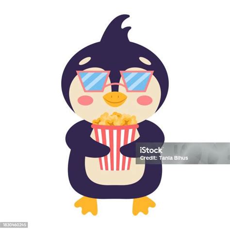 팝콘을 곁들인 귀여운 만화 펭귄 벡터 일러스트 레이 션입니다 가공의 인물에 대한 스톡 벡터 아트 및 기타 이미지 가공의 인물