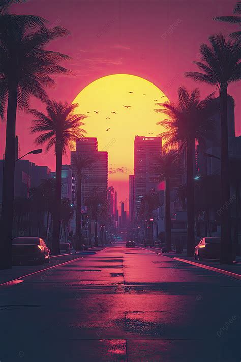 일몰 하늘을 배경으로 야자수와 네온 불빛이 있는 1980년대 신스웨이브 도시 풍경 배경 배경 화면 및 일러스트 무료 다운로드 Pngtree