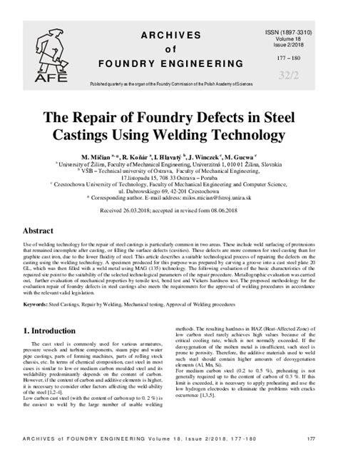 Pdf The Repair Of Foundry Defects In Steel Castings Using Welding Technology