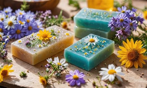 Three Different Colored Bars Of Soap Are Sitting On A Table With Flowers Around Them Stock