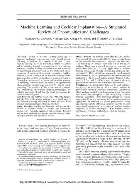 Pdf Machine Learning And Cochlear Implantation—a Structured Review Of Opportunities And Challenges