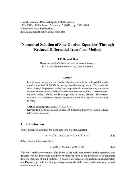 Pdf Numerical Solution Of Sine Gordon Equations Through Reduced Differential Transform Method