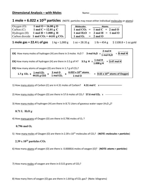 Dimensional Analysis With Moles Worksheet