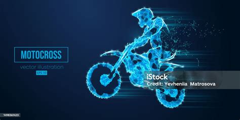 파란색 배경에 삼각형과 입자로 만든 모터크로스 라이더의 추상적인 와이어프레임 실루엣 남자는 고립된 속임수를 쓰고 있다 엔듀로 오토바이 스포츠 운송 벡터 그림