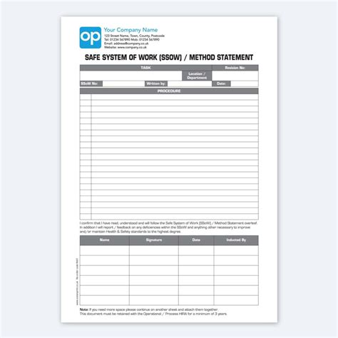 Safe System Of Work Ssow Method Statement Ra01 Oceanprint