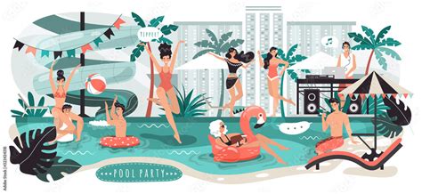 People At Pool Party In City Young Men And Women Having Fun Vector