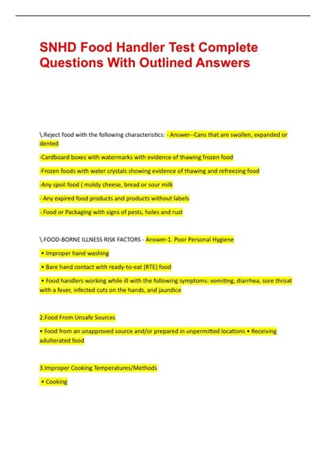 Snhd Food Handler Test Complete Questions And Outlined Answers Food