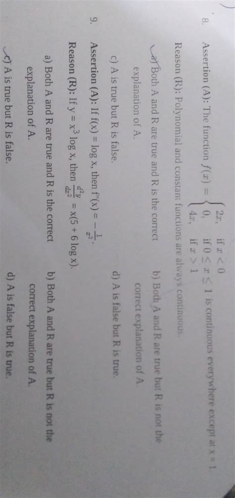 Assertion A The Function Fx 2x If X1 Reason R Polynomial And