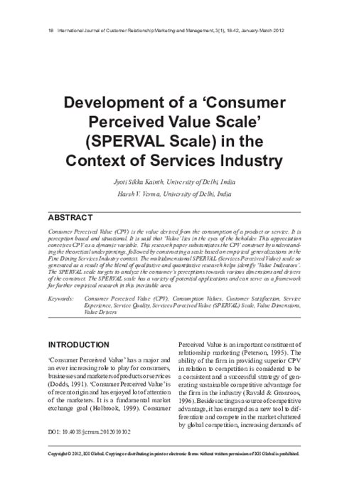 Pdf Development Of A ‘consumer Perceived Value Scale Sperval Scale In The Context Of