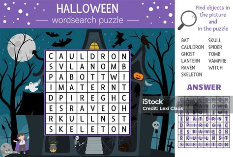 아이들을위한 벡터 할로윈 워드 서치 퍼즐 유령의 집과 아이들을위한 전통적인 무서운 개체와 간단한 크로스 워드 퍼즐 재미있는 마녀 뱀파이어 유령 박쥐와 교육 키워드 활동 0