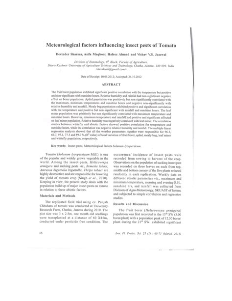 Pdf Meteorological Factors Influencing Insect Pests Of Tomato