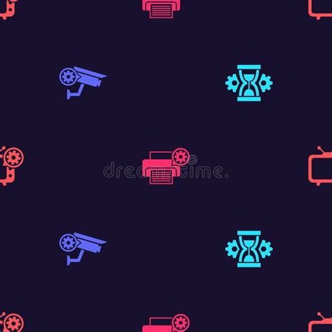 Set Hourglass Setting Security Camera Printer And Tv On Seamless Pattern Vector Stock Vector