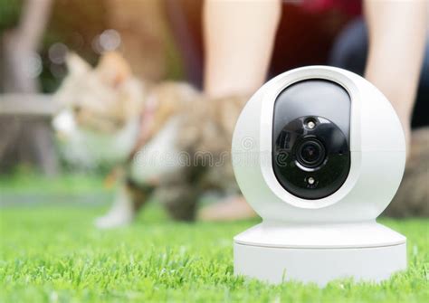 Cctv Security Camera On The Green Lawn With Cat And Owner At Private Home Stock Image Image Of