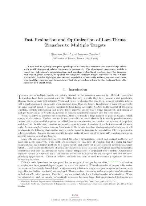 Pdf Fast Evaluation And Optimization Of Low Thrust Transfers To Multiple Targets