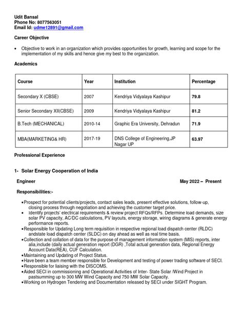Cv Udit Bansal Pdf Photovoltaics Project Management