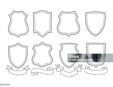 로얄 나이트 방패 빈 빈 프레임 모양 템플릿 전령 리본 테두리 절연 세트 0명에 대한 스톡 벡터 아트 및 기타 이미지 0명 골동품 공란 Istock