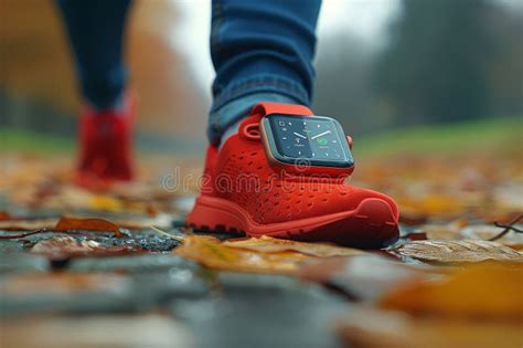 Runner Monitors Fitness With Smartwatch Displaying Health Data During Exercise Activities Stock