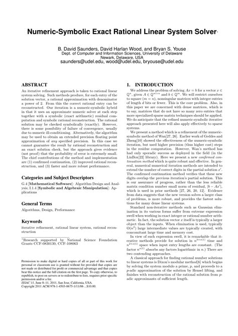 pdf numeric symbolic exact rational linear system solver