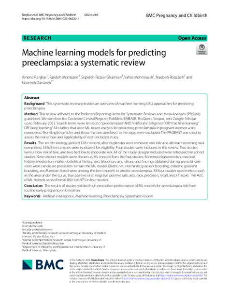 Pdf Machine Learning Models For Predicting Preeclampsia A Systematic Review