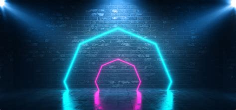 복고풍 댄스 플로어 무대 안개 훈제 단계 어두운 네온 레이저 빔 미래 공상 과학 소설 Fi 빛나는 블루 보라색 반점 조명 빈 공간 사이버 배경 3d 렌더링 0명에 대한 스톡