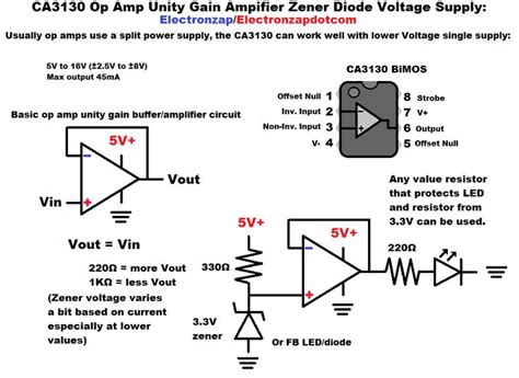 Ca3130 Op Amp Unity Gain Amplifier Zener Diode Voltage Supply Circuit