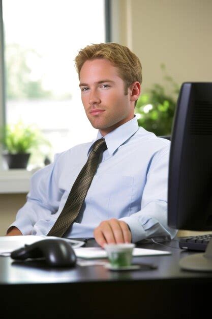 Premium Ai Image Portrait Of A Young Businessman Using A Computer At His Office Desk Created