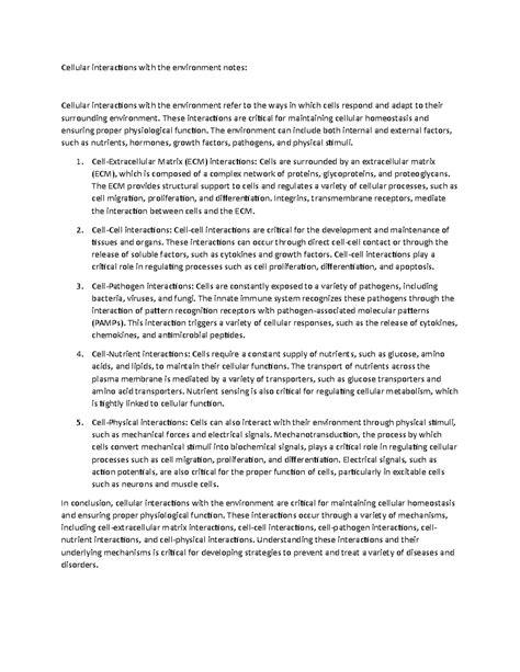 Cellular Interactions With The Environment Notes Cellular Interactions With The Environment