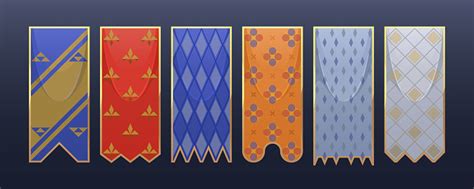 문장 요소가 있는 플래그의 격리된 벡터 집합입니다 수직 깃발 또는 금색 프레임이 있는 배너의 패브릭 템플릿입니다 로얄 페넌트