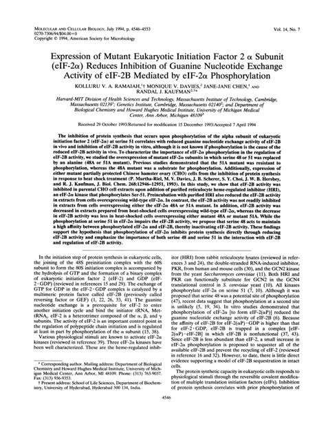 Pdf Expression Of Mutant Eukaryotic Initiation Factor 2 α Subunit Eif 2α Reduces Inhibition