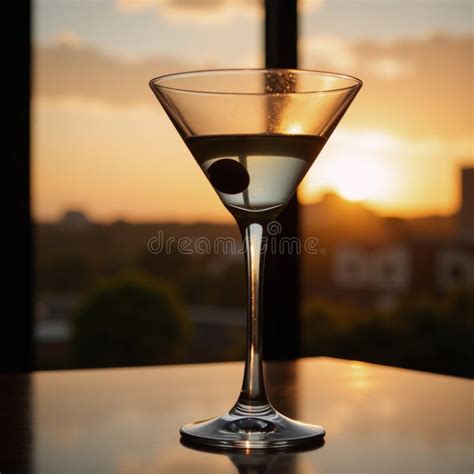 Closeup Image Martini Cocktail With Olive In Glass Near Window During