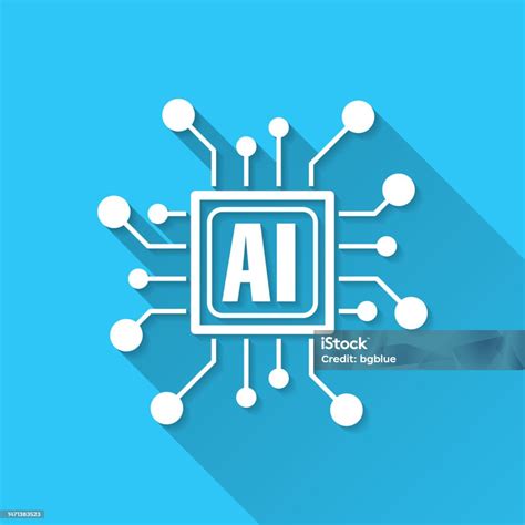 인공 지능 Ai가 탑재 된 프로세서 파란색 배경에 아이콘 긴 그림자가 있는 평면 디자인 3차원 형태에 대한 스톡 벡터 아트 및 기타 이미지 Istock