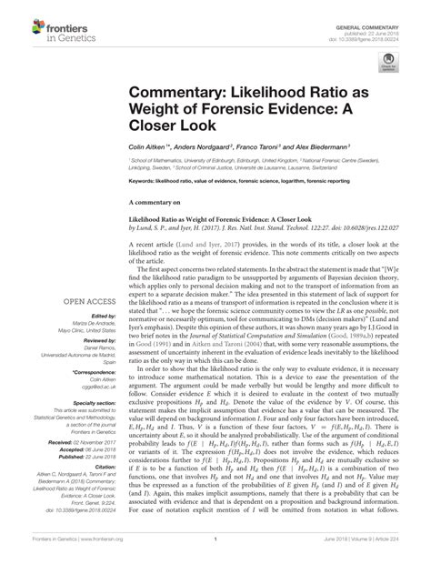 Pdf Commentary Likelihood Ratio As Weight Of Forensic Evidence A