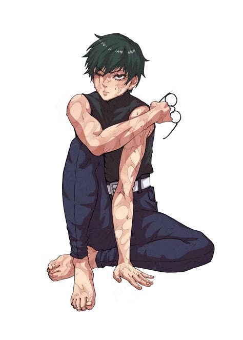 Safebooru Absurdres Barefoot Burn Scar Chuckuddin Glasses Green Hair