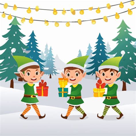 Elves Carrying Stacks Of Presents Through A Snowy Forest With Golden