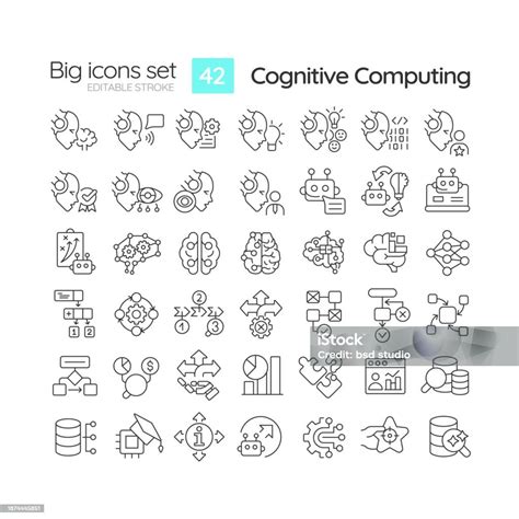 2d Editable Black Big Line Icons Set For Cognitive Computing Stock