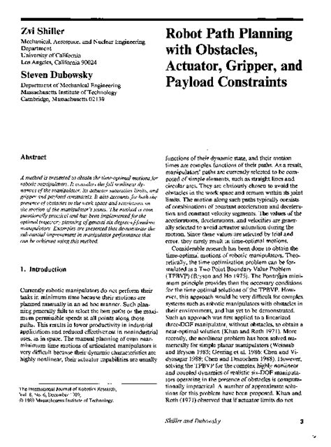 Pdf Robot Path Planning With Obstacles Actuator Gripper And Payload Constraints Zvi