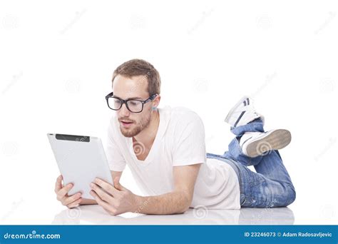 Good Looking Smart Nerd Man With Tablet Computer Stock Image Image Of Geek Young 23246073