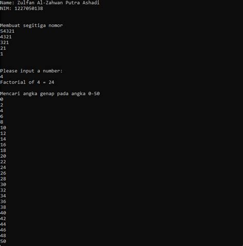 membuat segitiga nomor mencari faktorial sebuah bilangan dan mencari angka genap pada bilangan