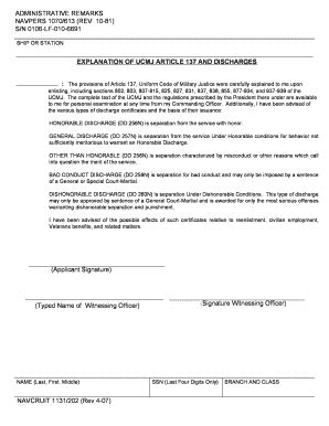 Navpers 1070 613 Ucmj Article 137 Explanation Form Blank Fillable