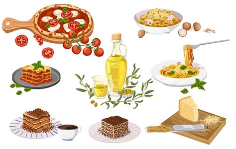 전통적인 이탈리아 요리와 재료의 벡터 세트입니다 손으로 그린 피자 파스타 라자냐 올리브 오일 리조또 치즈 티라미수 메뉴 디자인 조리법 스티커 포장 요리책 0명에 대한 스톡