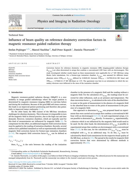 Pdf Influence Of Beam Quality On Reference Dosimetry Correction Factors In Magnetic Resonance