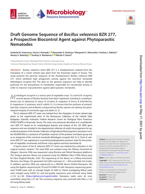 Pdf Draft Genome Sequence Of Bacillus Velezensis Bzr 277 A