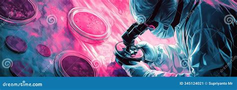 A Scientist Examines Samples Under A Microscope In A Colorful Laboratory Setting Stock Image