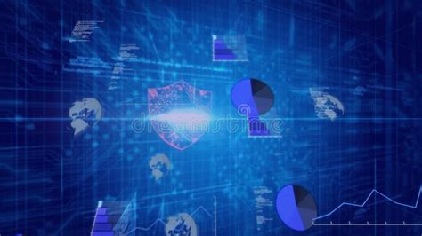 Animated 3d Render Showing Holographic Shield Glowing With Cybersecurity Charts Floating On Grid