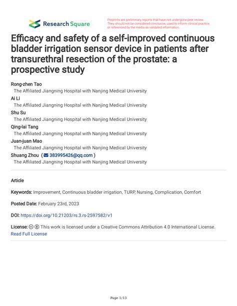 Pdf Efficacy And Safety Of A Self Improved Continuous Bladder Irrigation Sensor Device In