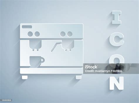 회색 배경에 격리 된 종이 잘라 커피 기계 아이콘 종이 아트 스타일 벡터 일러스트레이션 3차원 형태에 대한 스톡 벡터 아트 및