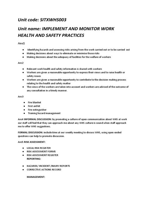 Unit Code Sitxwhs003 Unit Name Implement And Monitor Work Health And