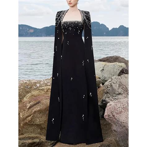 Black Formal Evening Dress Luxury Diamonds Beaded Chains Cape Sleeve